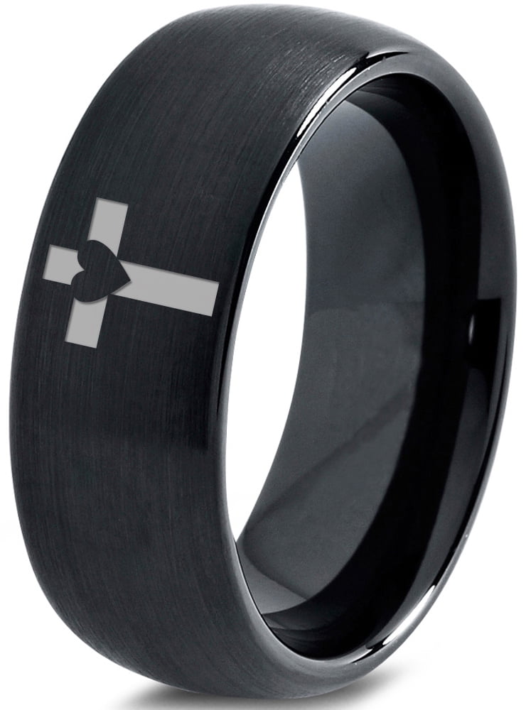 Tungsten Heart Cross Band Ring 8mm Men Women Comfort Fit Black Dome ...