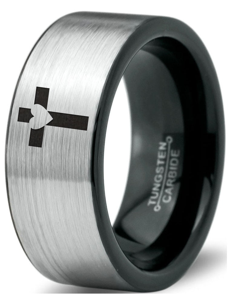 Tungsten Heart Cross Band Ring 8mm Men Women Comfort Fit Brushed Gray ...