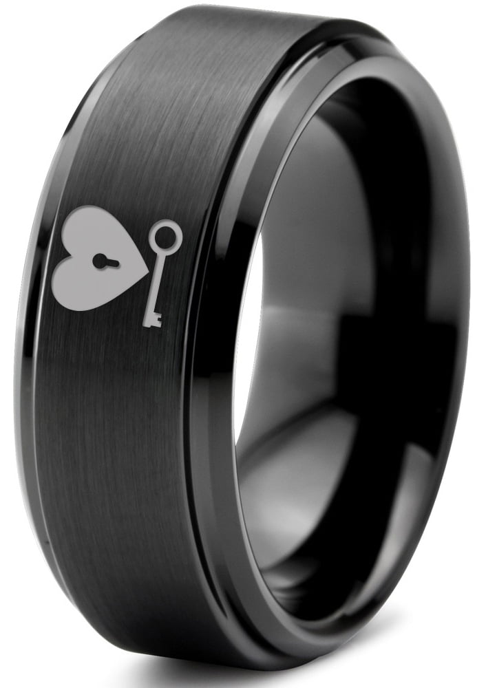 Tungsten Heart and Key Band Ring 8mm Men Women Comfort Fit Black Step ...