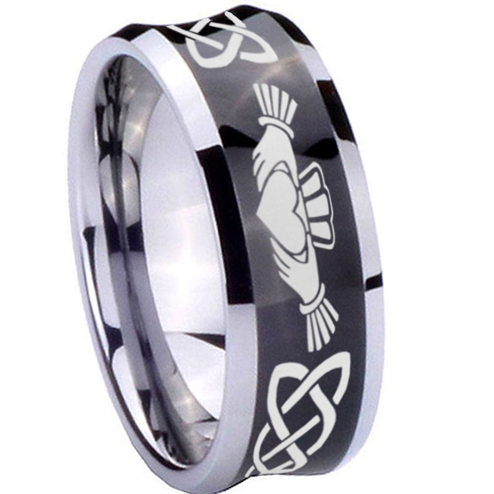 Tungsten Irish Claddagh 8mm Brushed Black Polished Concave Men Ring ...