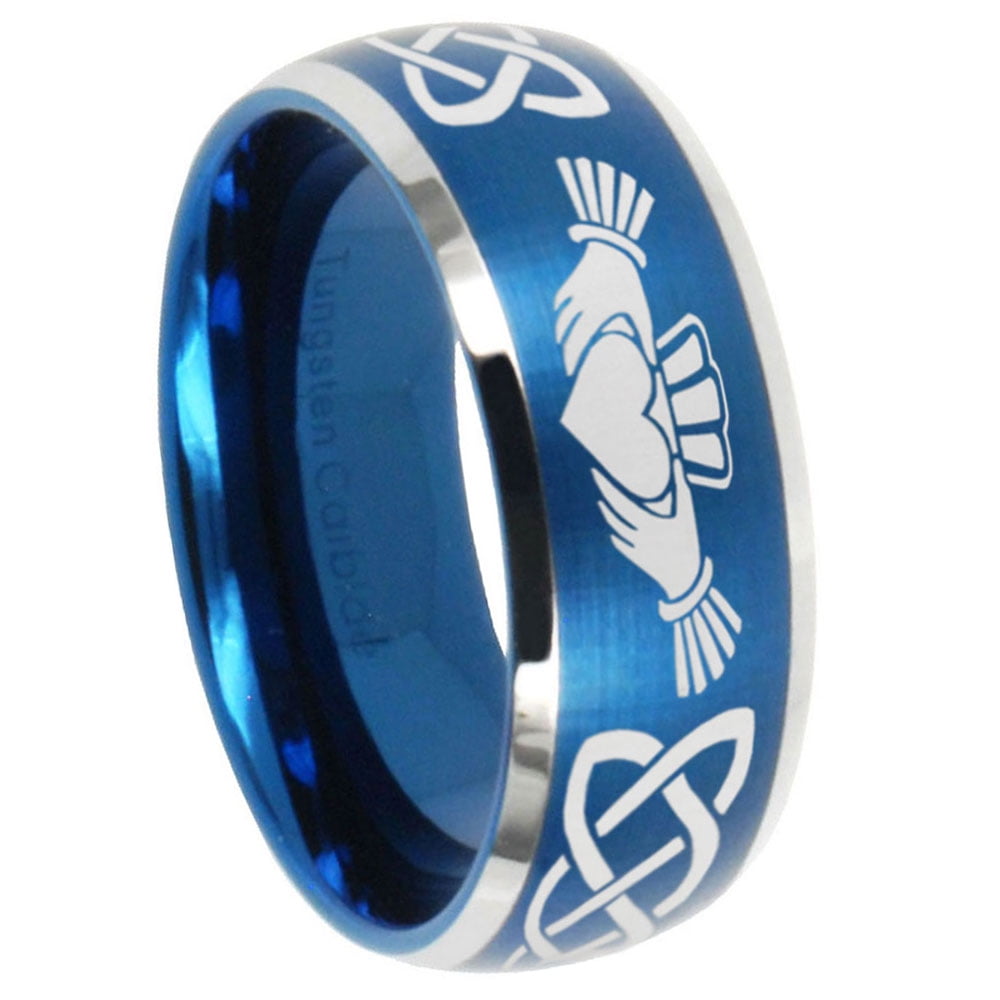 Tungsten Irish Claddagh 8mm Brushed Blue Two Tone Dome Polished Edges ...