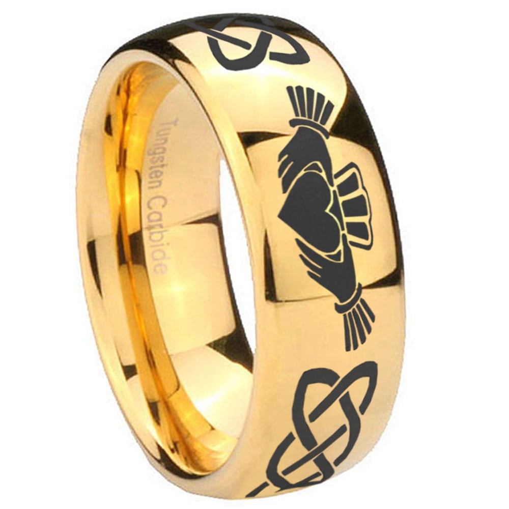 Tungsten Irish Claddagh 8mm Glossy 18K Yellow Gold Dome Polished Men ...