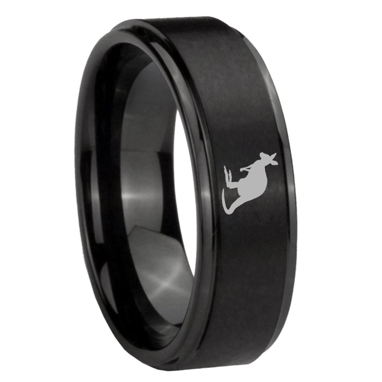 Tungsten Kangaroo 8mm Brushed Black Polished Step Edges Men Ring ...