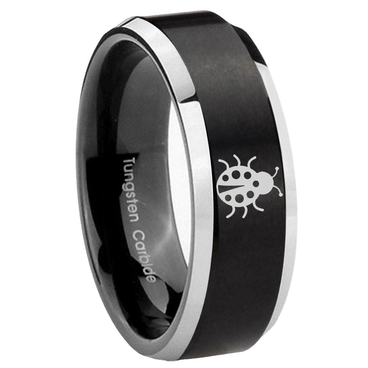 Tungsten Ladybug Design 8mm Brushed Black 2 Tone Beveled Edges Men Ring ...