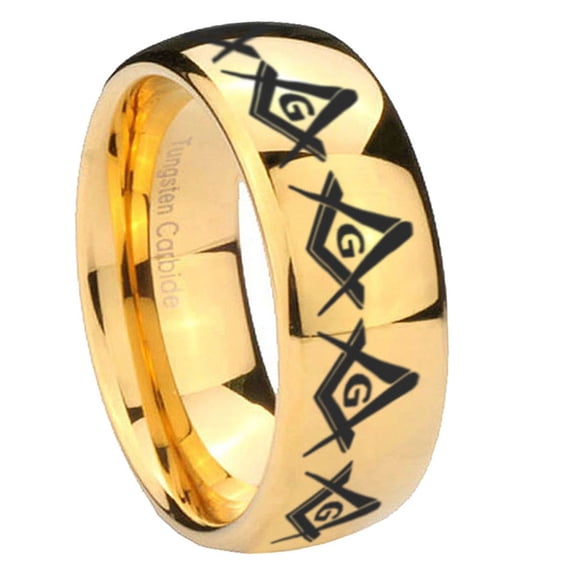 Tungsten Masonic Square 8mm Glossy Gold Plated Dome Polished Men Ring ...