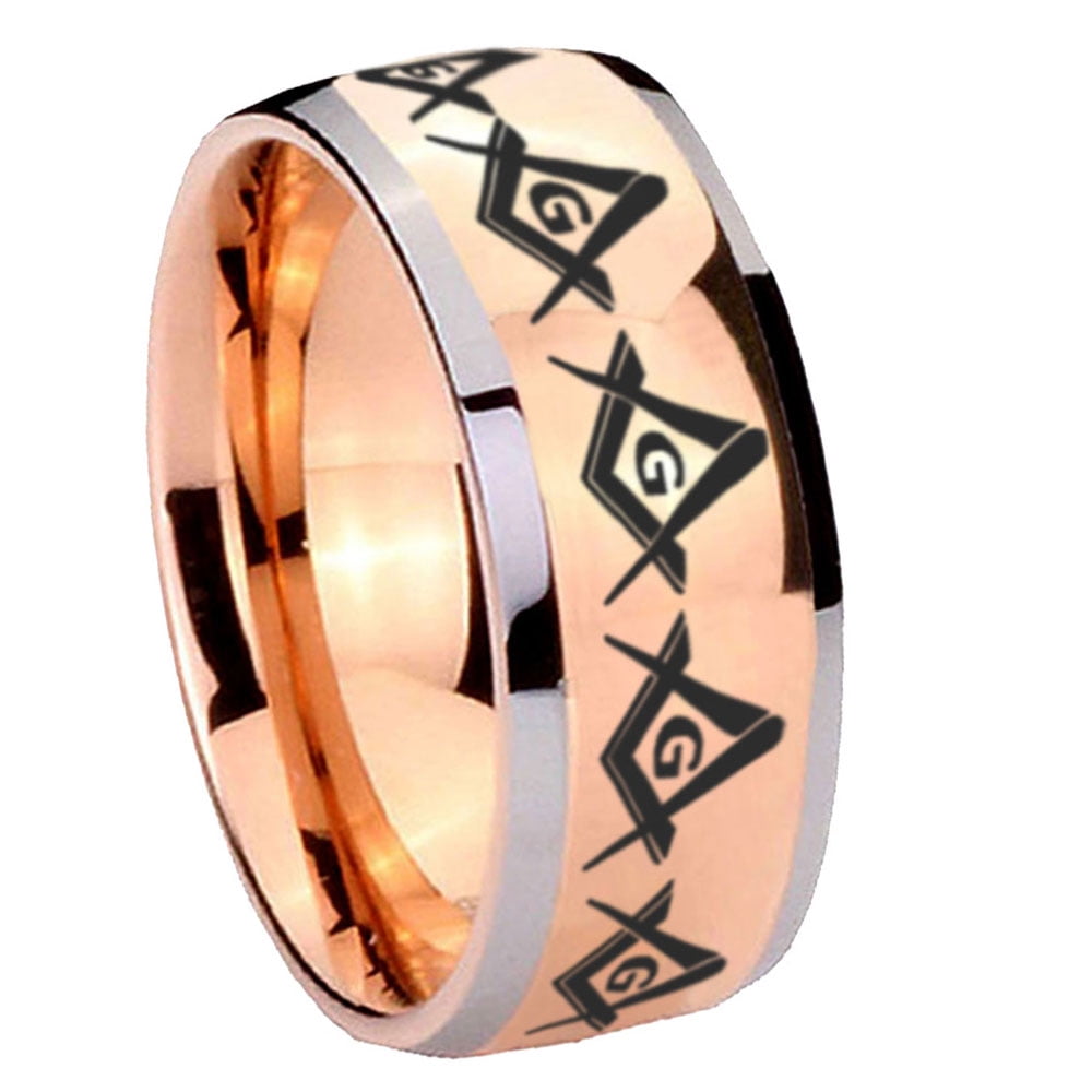 Tungsten Masonic Square 8mm Shinny Rose Gold Two Tone Dome Men Ring ...