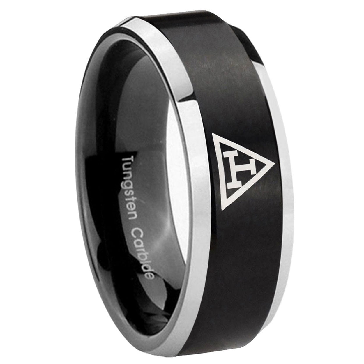 Tungsten Masonic Triple 8mm Brushed Black 2 Tone Beveled Edges Men Ring ...