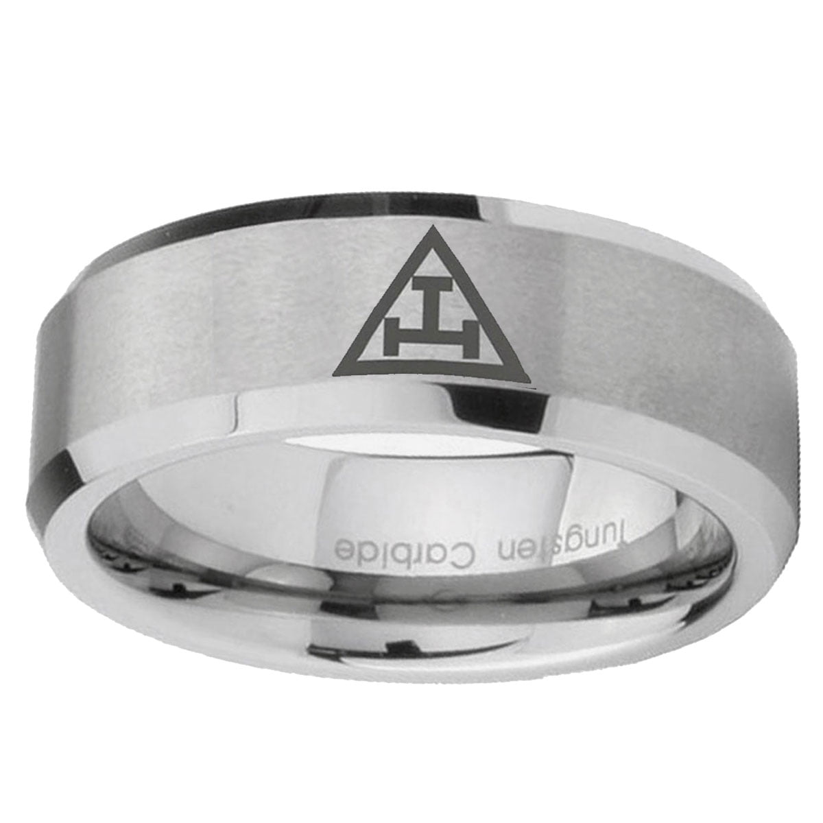 Tungsten Masonic Triple 8mm Glossy Brushed Gray Beveled Edges Men Ring ...
