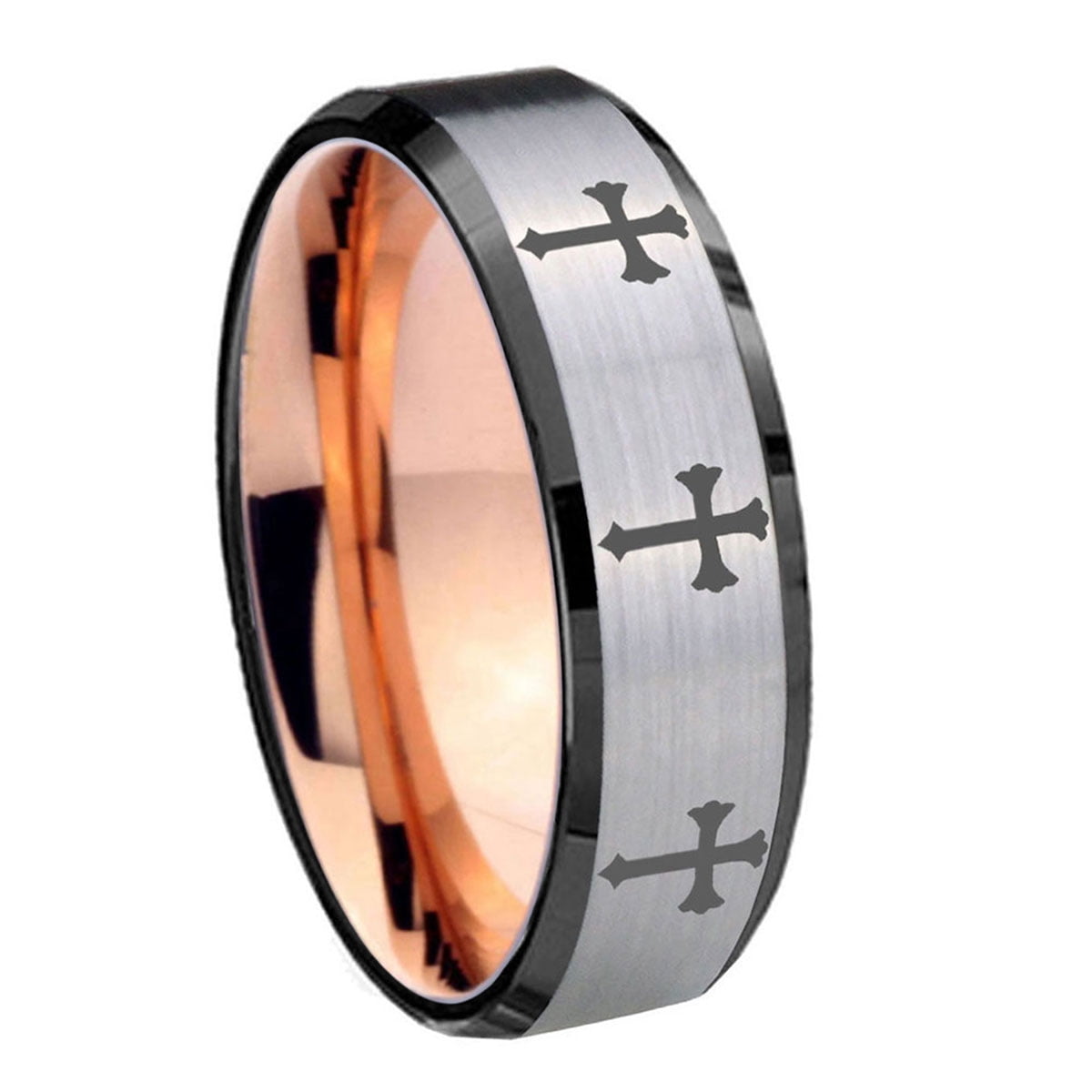 Tungsten Multiple Christian Cross 8mm Gray And Rose Gold Beveled Edge ...