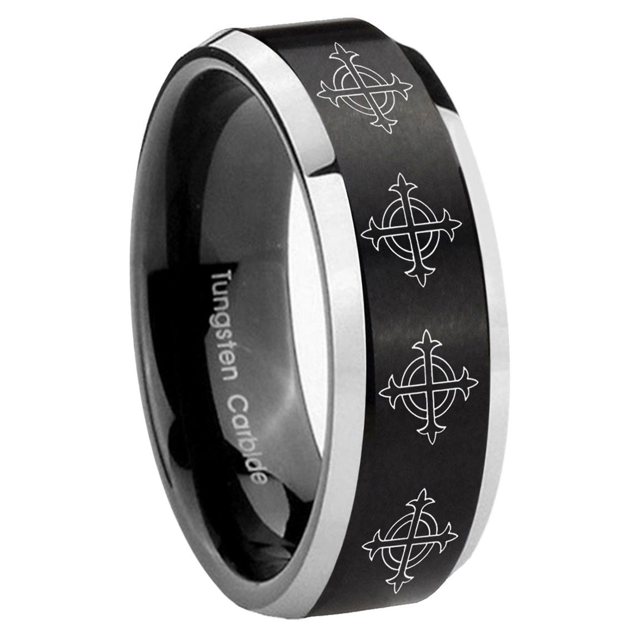 Tungsten Multiple Cross 8mm Brushed Black 2 Tone Beveled Edges Men Ring ...