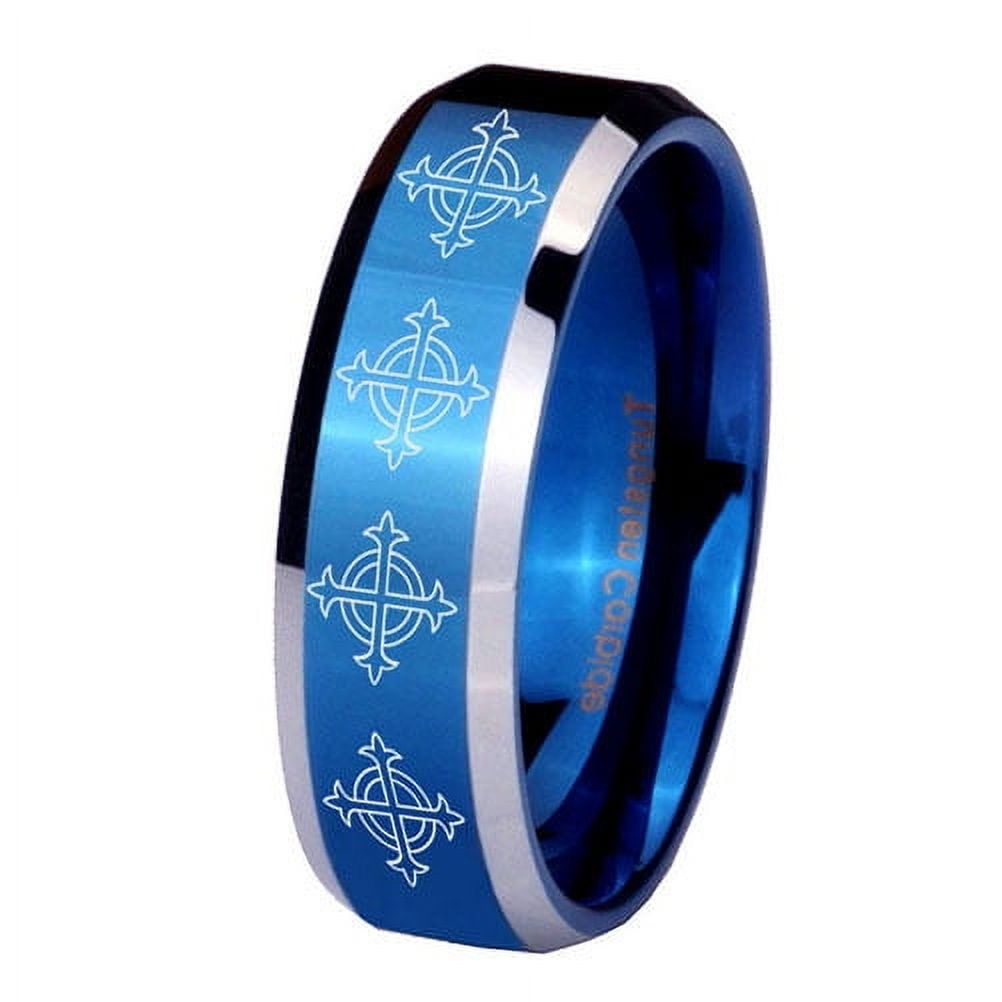 Tungsten Multiple Cross 8mm Glossy Blue Two Tone Polished Beveled Edges ...