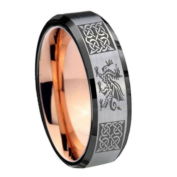 Tungsten Multiple Dragon Celtic 8mm Gray And Rose Gold Beveled Edge ...