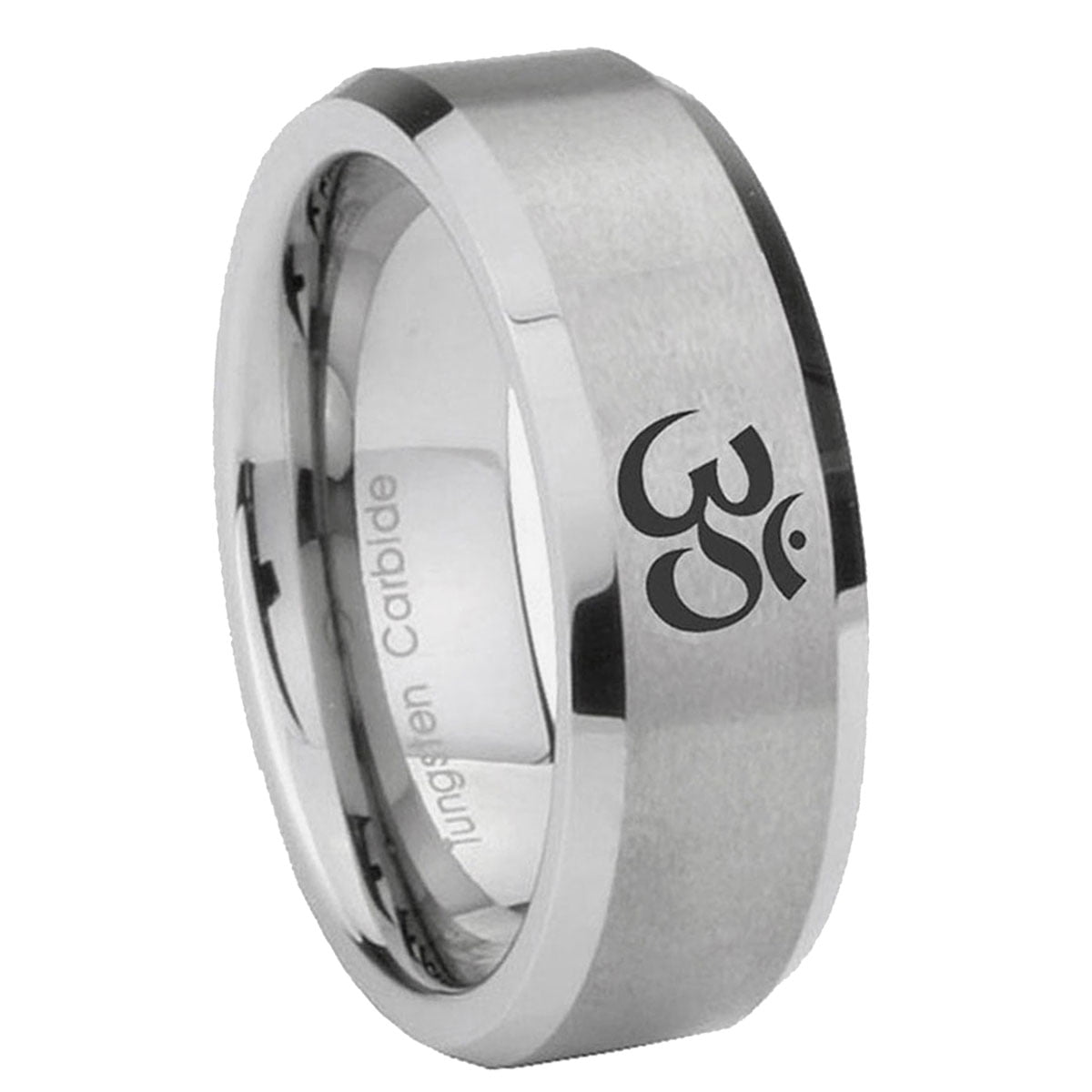 Tungsten Ohm Design Om Yoga 8mm Glossy Brushed Gray Beveled Edges Men ...