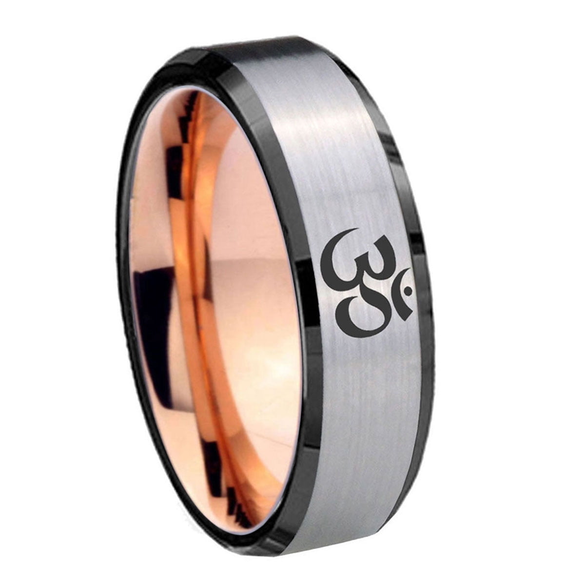 Tungsten Ohm Design Om Yoga 8mm Gray And Rose Gold Beveled Edge Rings ...