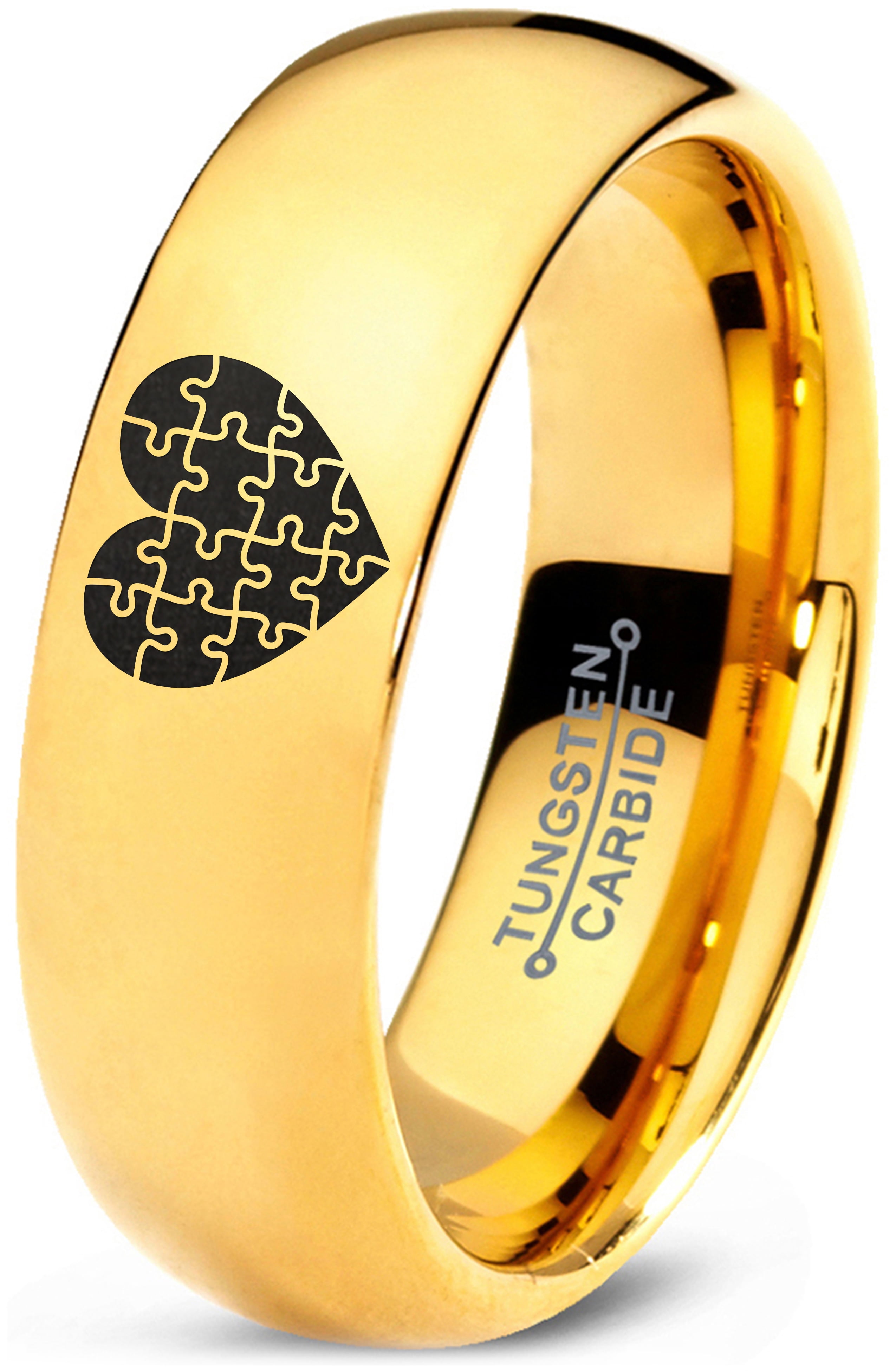 Tungsten Puzzle Heart Band Ring 7mm Men Women Comfort Fit 18k Yellow ...