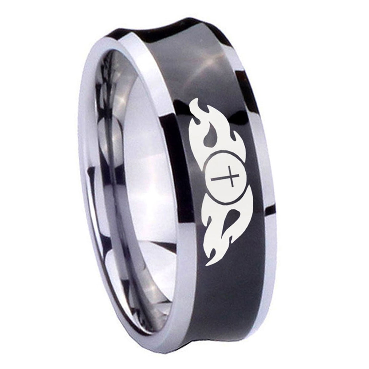 Tungsten Religious Flame Cross 8mm Brushed Black Polished Concave Men ...