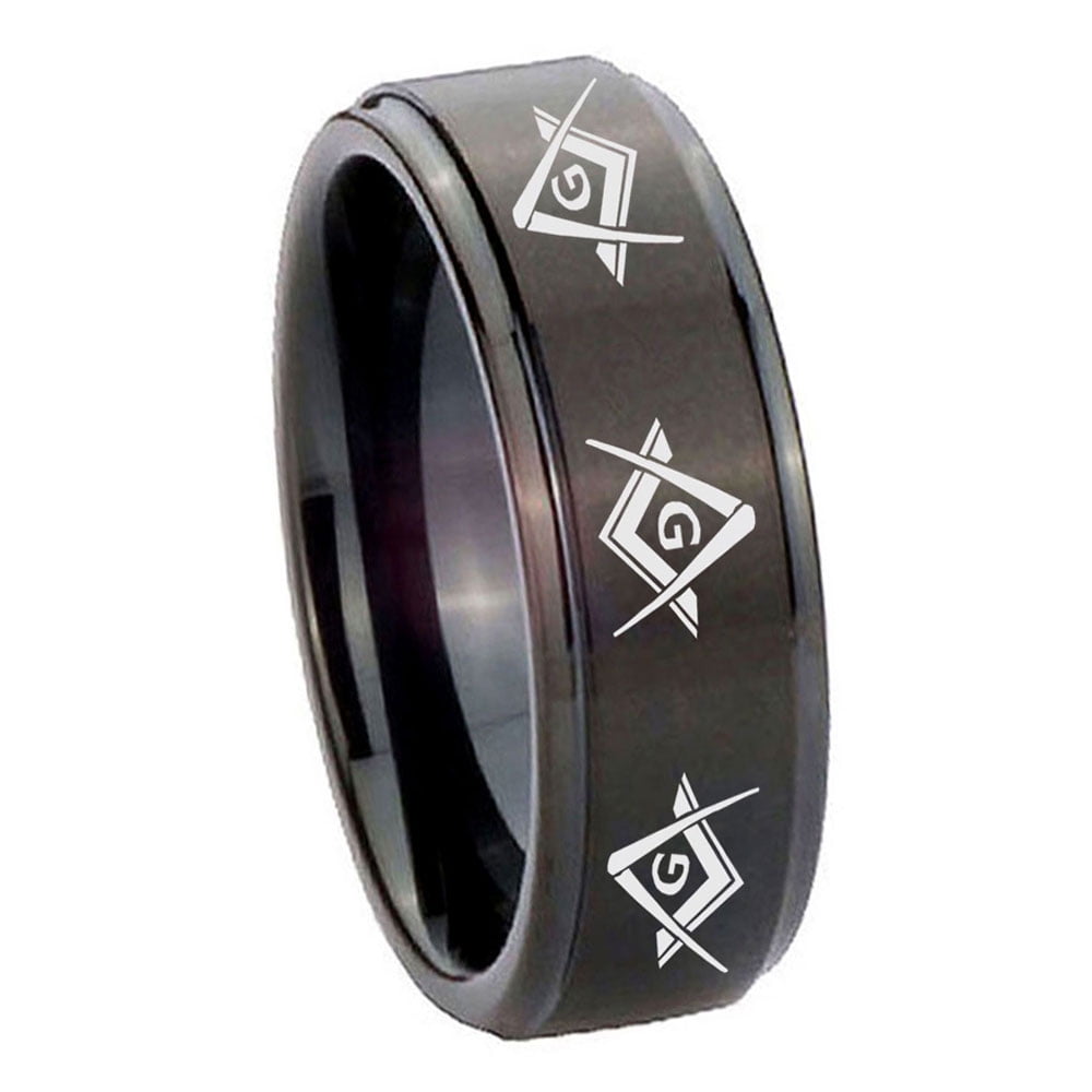 Tungsten Revere Masonic 8mm Brushed Black Polished Step Edges Men Ring ...
