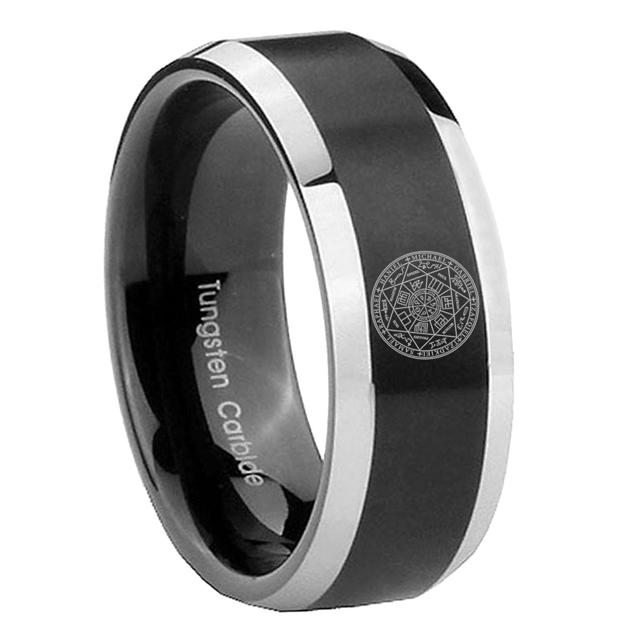 Tungsten Seal of Seven Archangel 8mm Brushed Black 2 Tone Beveled Edges ...