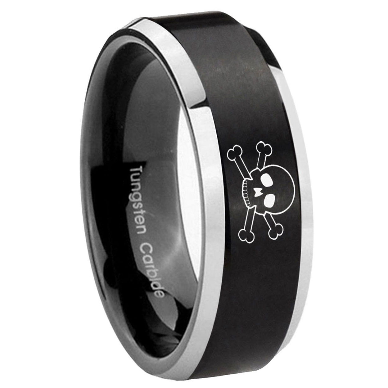 Tungsten Skull Design 8mm Brushed Black 2 Tone Beveled Edges Men Ring ...