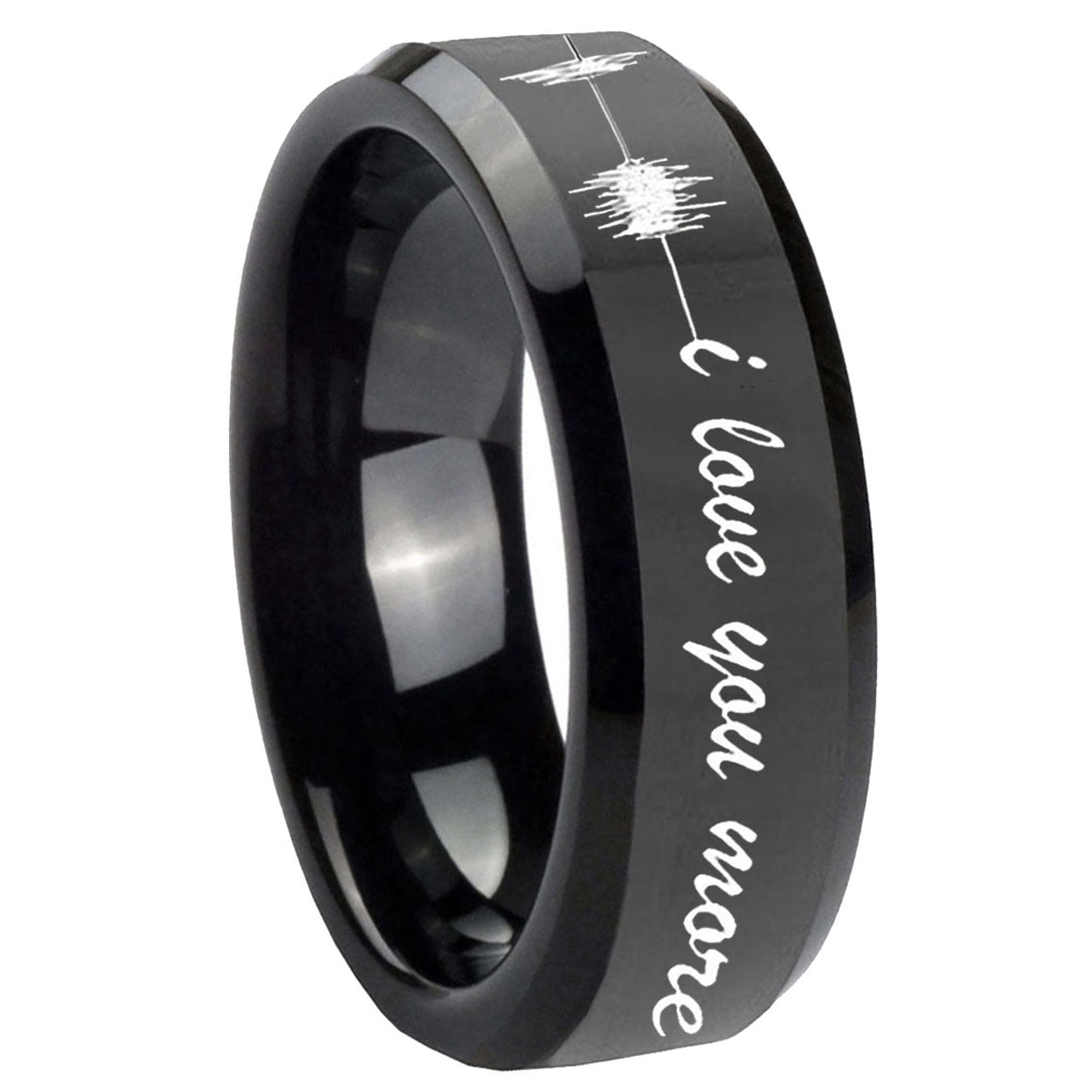 Tungsten Sound Wave I love you more 8mm Glossy Black Polished Beveled ...