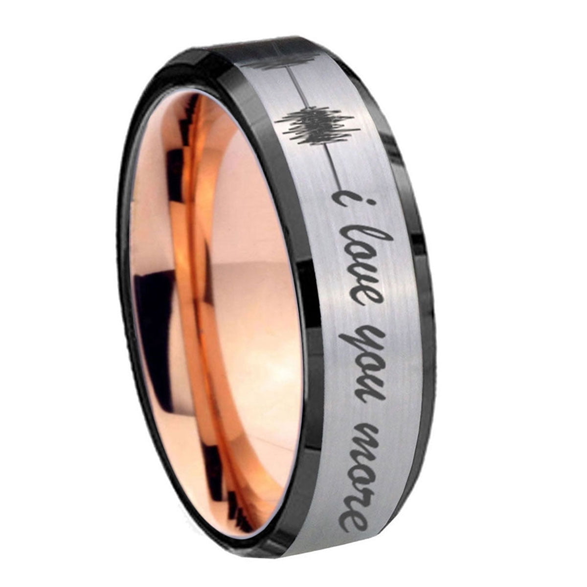 Tungsten Sound Wave I love you more 8mm Gray And Rose Gold Beveled Edge ...