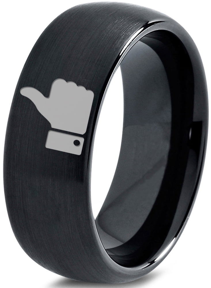 Tungsten Thumbs Up Emoji Band Ring 8mm Men Women Comfort Fit Black Dome ...