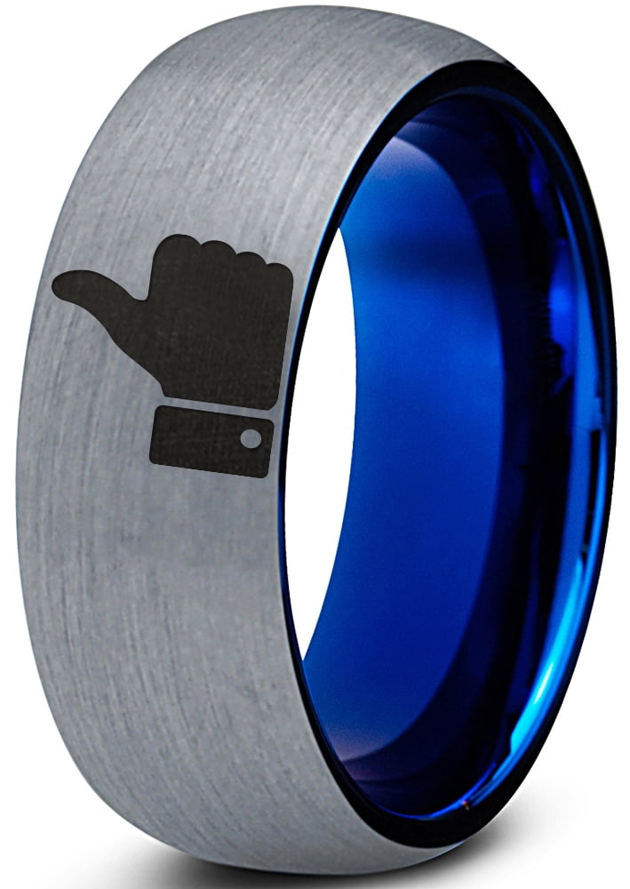 Tungsten Thumbs Up Emoji Band Ring 8mm Men Women Comfort Fit Blue Dome ...