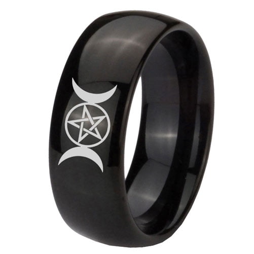 Tungsten Triple Moons Goddess 8mm Glossy Black Polished Dome Men Ring ...