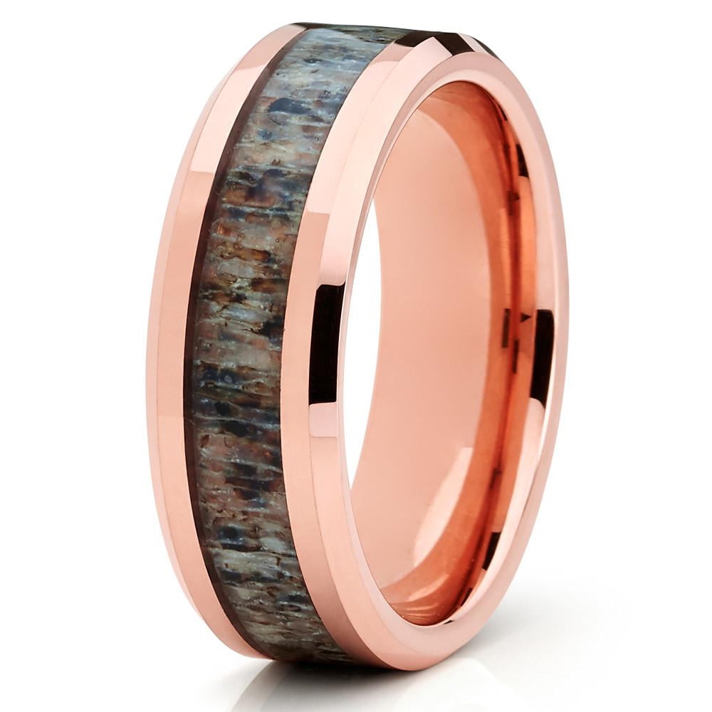 Tungsten Wedding Band 18K Rose Gold Tungsten Ring 8mm Deer Antler Tungsten Carbide Two Tone Ring ...