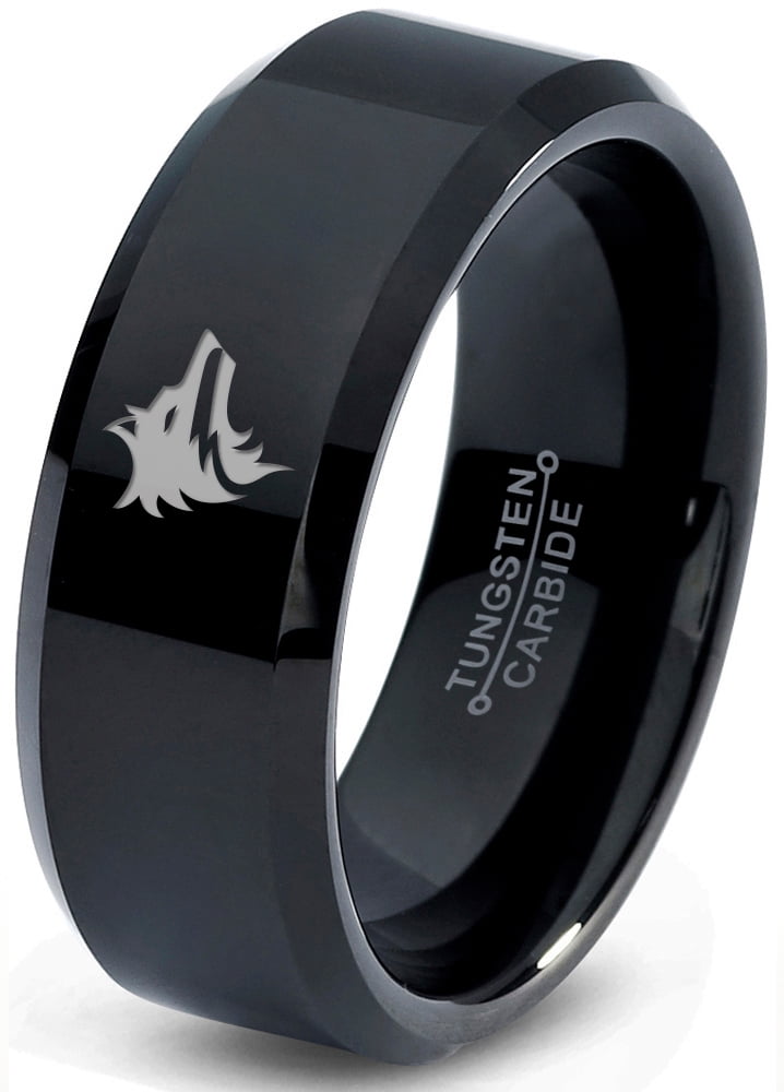 Tungsten Wolf Wolfpack Pack Canine Dog Band Ring 8mm Men Women Comfort Fit Black Beveled Edge ...