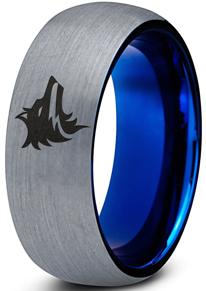 Tungsten Wolf Wolfpack Pack Canine Dog Band Ring 8mm Men Women Comfort Fit Blue Dome Brushed ...