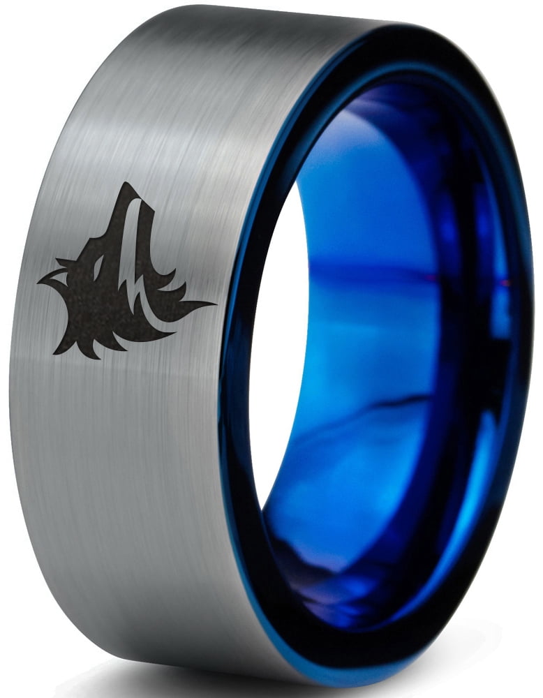 Tungsten Wolf Wolfpack Pack Canine Dog Band Ring 8mm Men Women Comfort Fit Blue Flat Cut Brushed ...