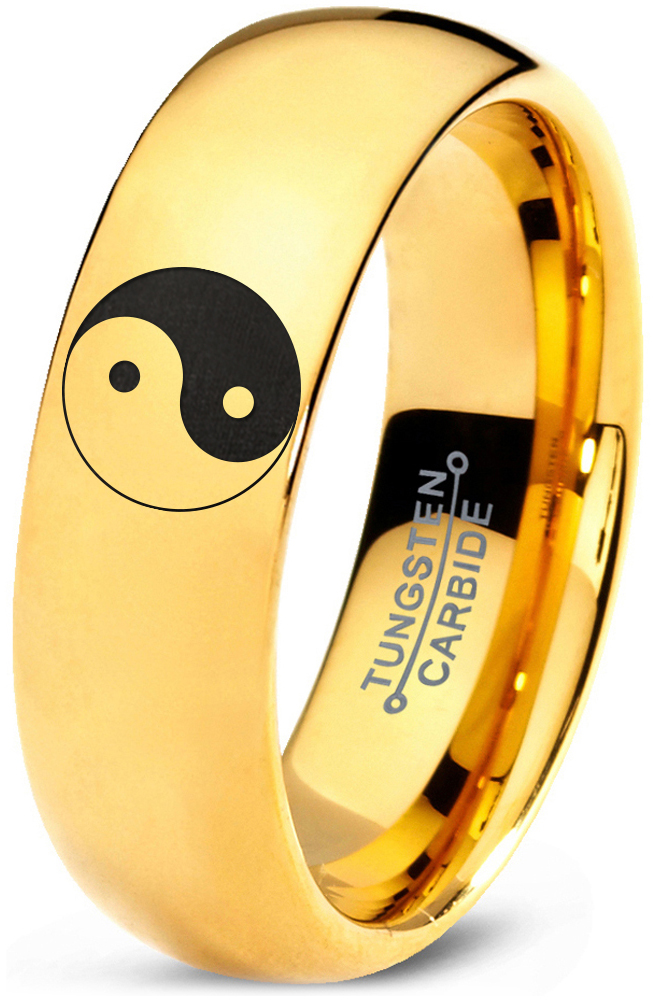 Tungsten Yin-Yang Band Ring 7mm Men Women Comfort Fit 18k Yellow Gold ...
