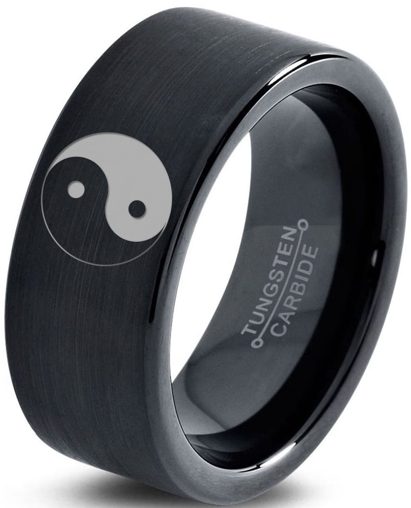 Tungsten Yin-Yang Band Ring 9mm Men Women Comfort Fit Black Flat Cut ...