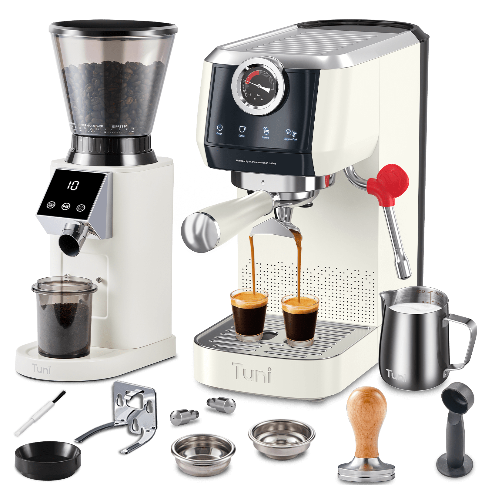 Tuni E2 58mm Espresso Machine and G1 Ivory Conical Burr Coffee Grinder ...