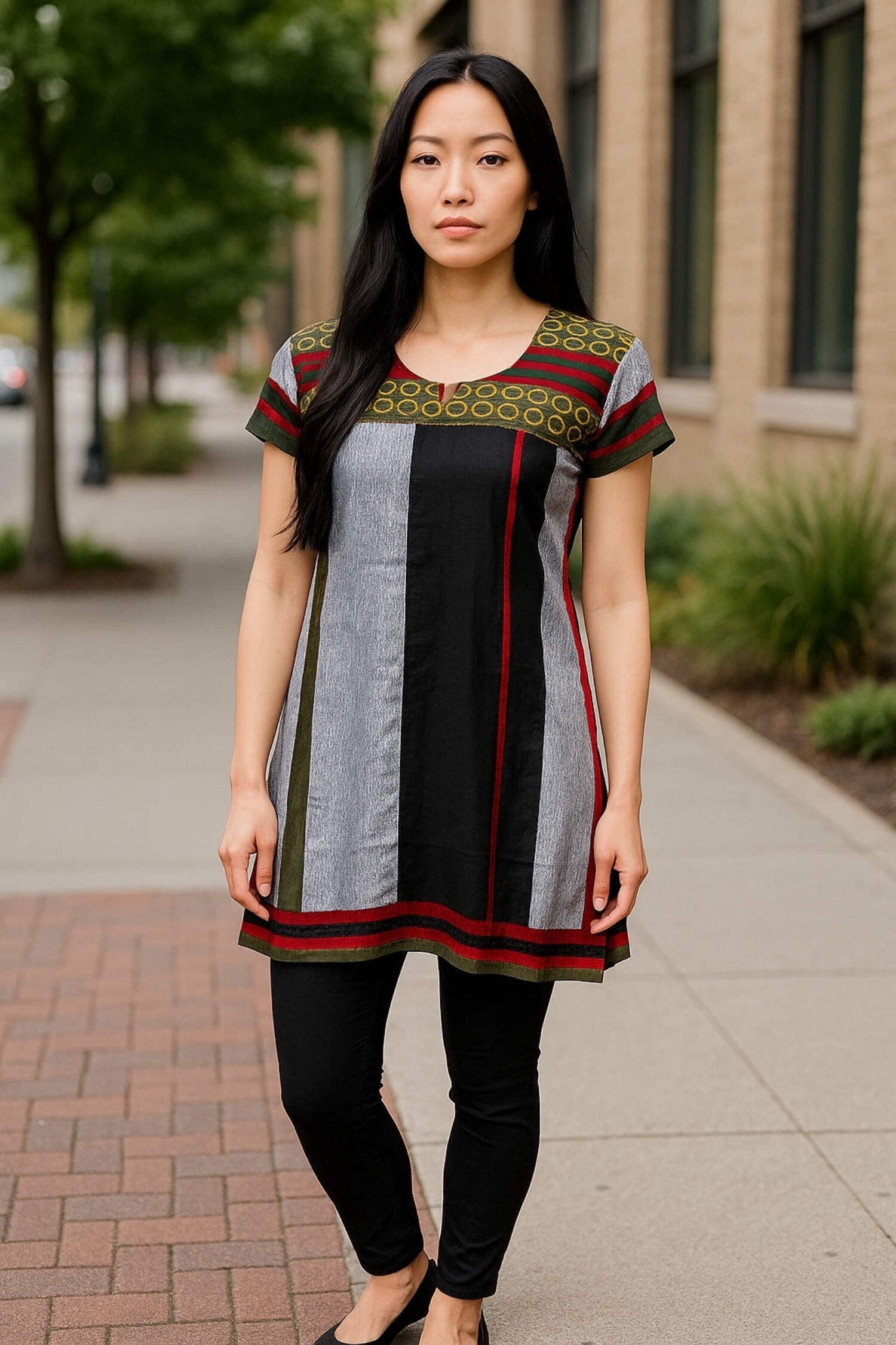 Tunic 100% Cotton two tone Vertical panels horizontally stripes yoke ...