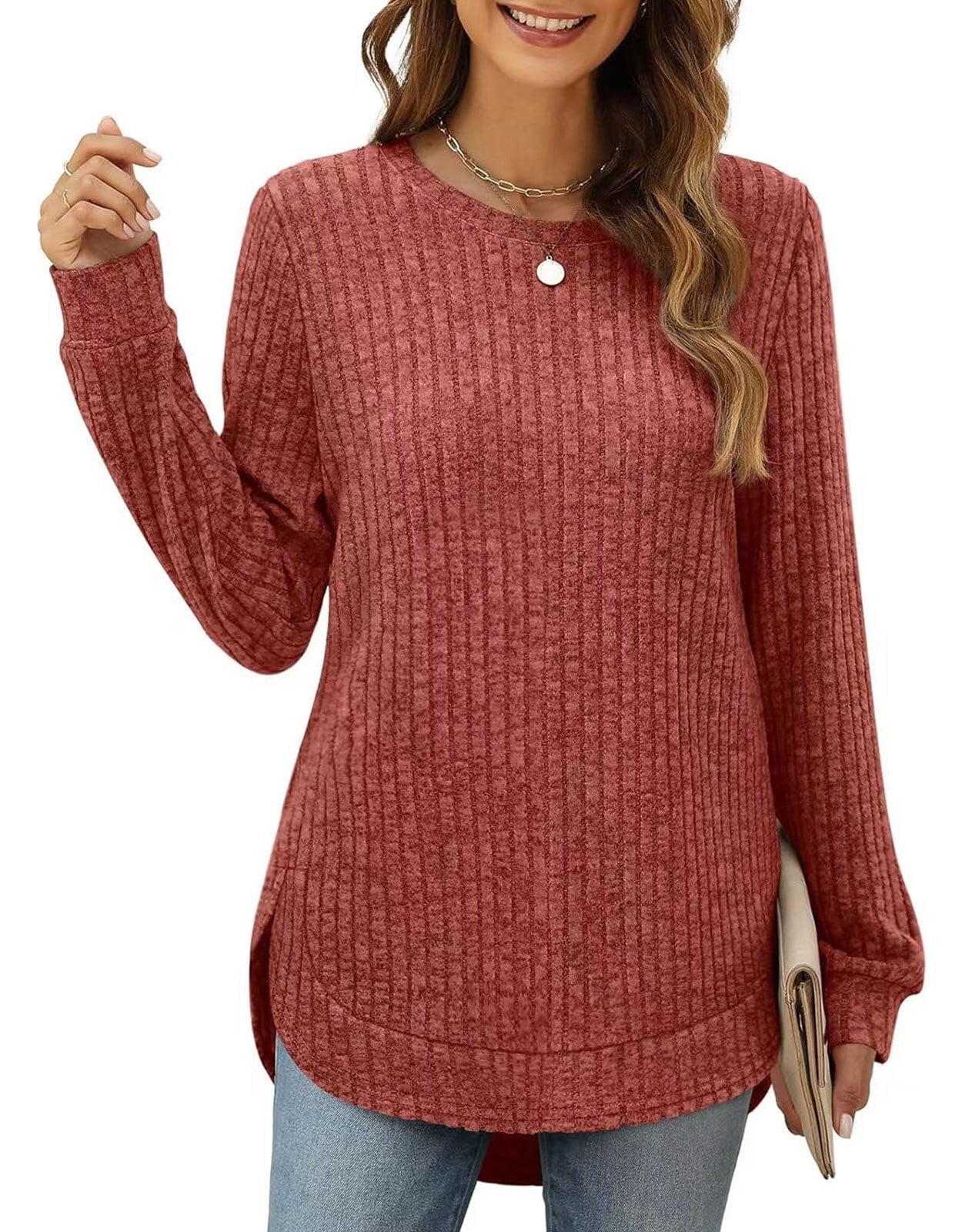 Tunic Blouses for Women Basic Scoop Neck Ribbed Knit Long Sleeve T ...