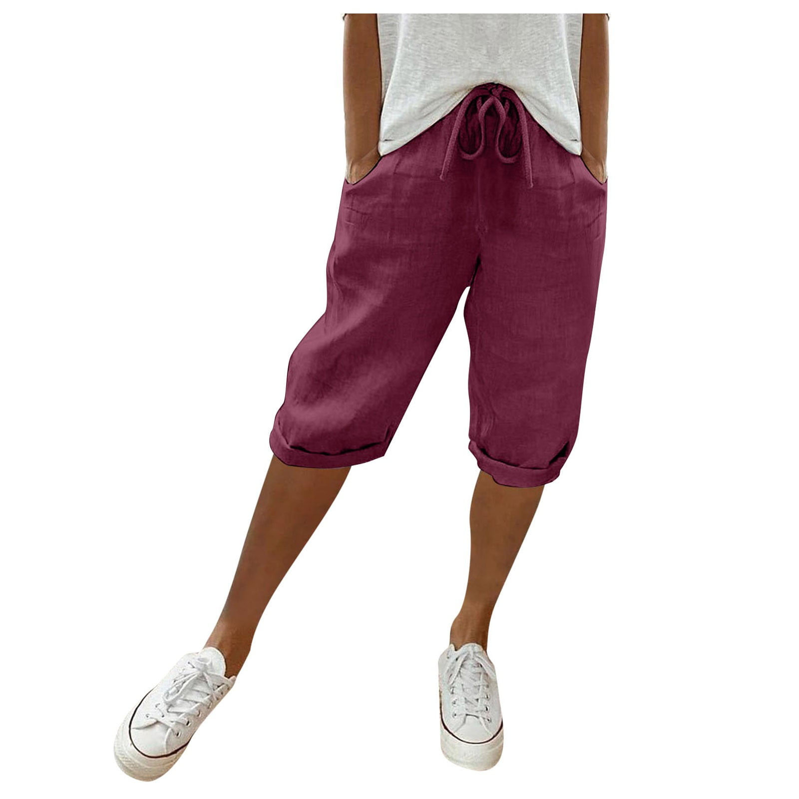 Capri Pants Fashion Solid Large Pocket Elastic Casual Pants Pocket ...