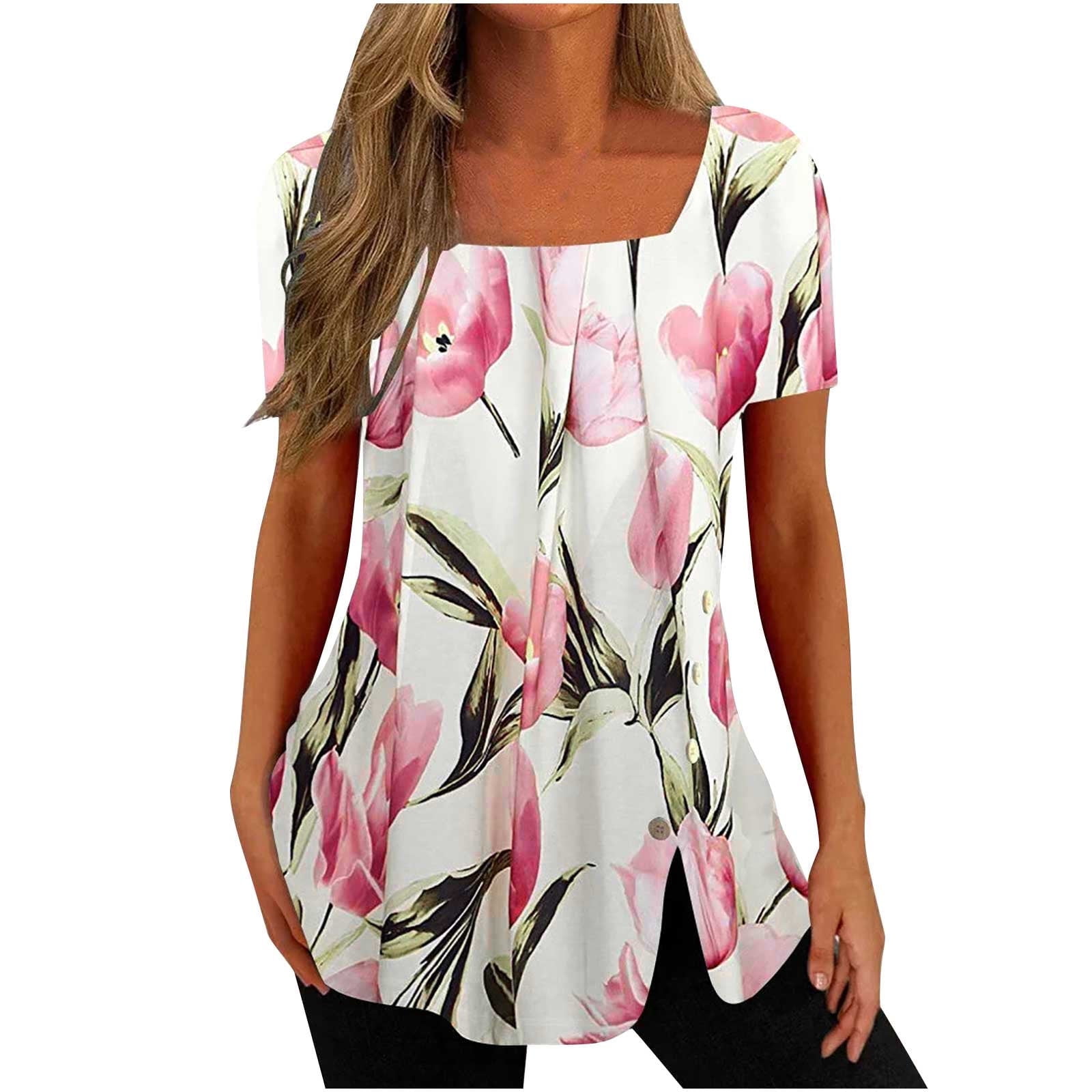 Tunic Tops for Women Sale,Square Neck Shirt Floral Print Summer Elegant ...