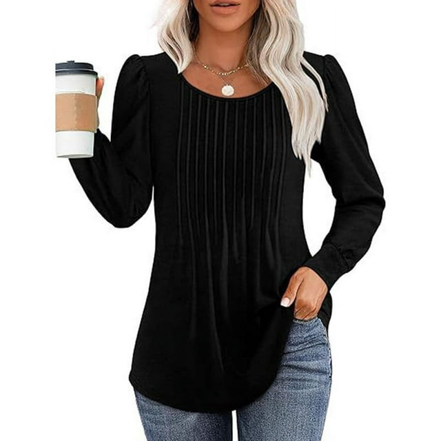 Tunic Tops for Women 2024 New Fashion Pleated Long Puff Sleeve Shirts ...