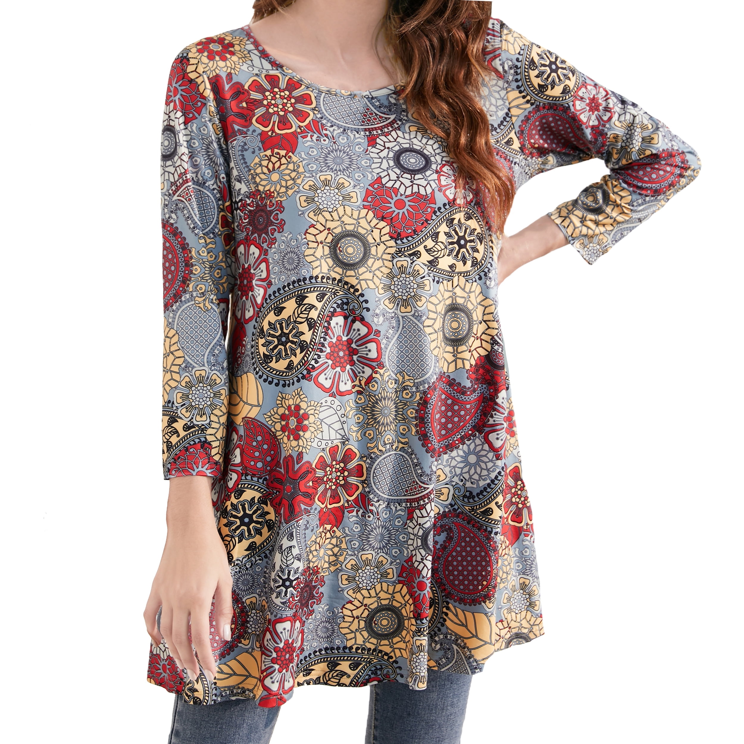 Tunic Tops for Women 3/4 Sleeve Plus Size Loose Fit Flare Shirt Dressy ...