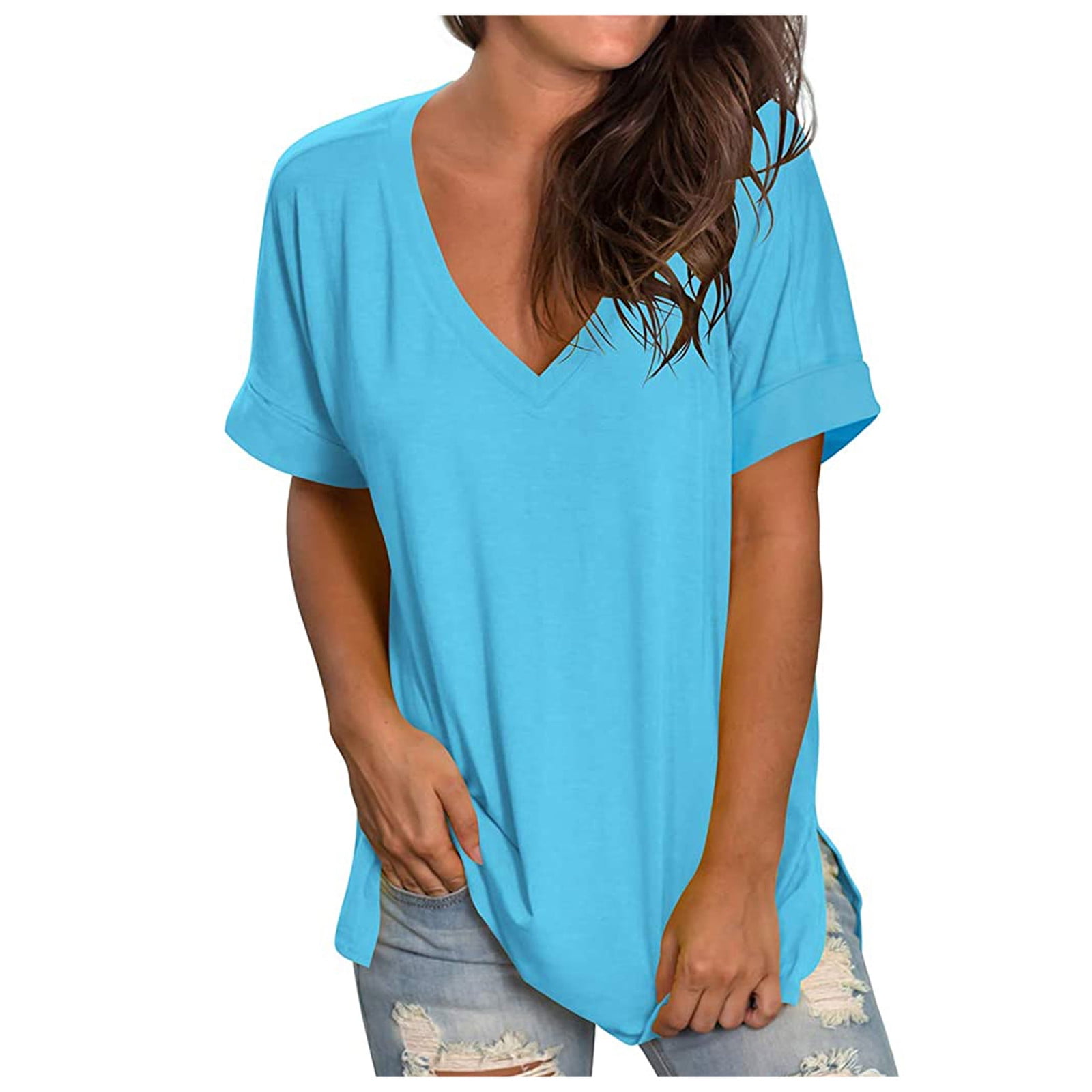 Tunic Tops for Women Casual Short Sleeve Side Slit V Neck T-Shirts ...