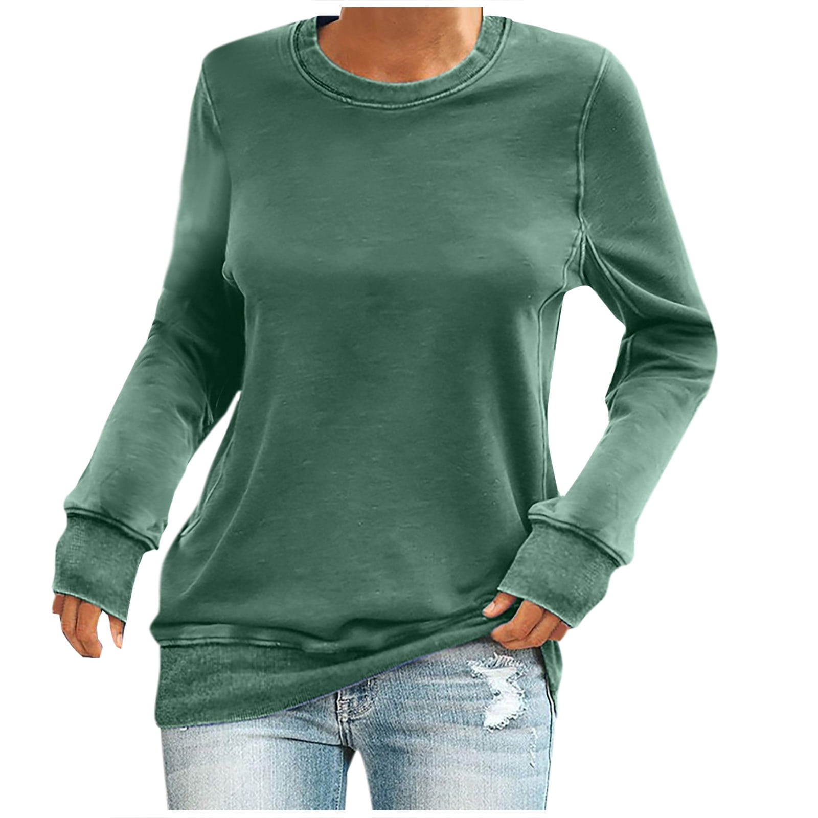 Tunic Tops for Women Round Neck Long Sleeve Basic Blouses Solid Color ...