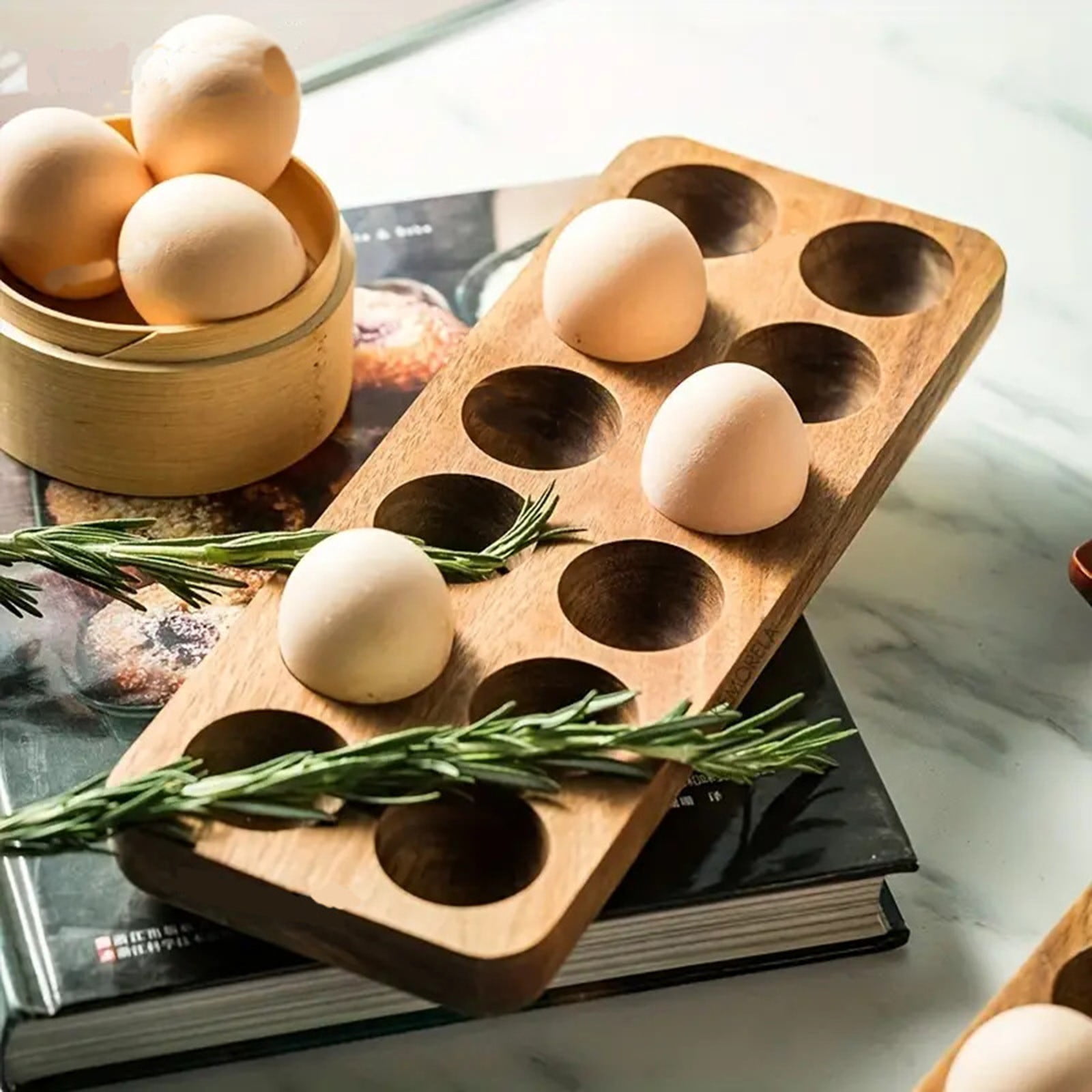 Tuphregyow Acacia Wood Egg Storage Box Natural Solid Wood Egg Tray with ...