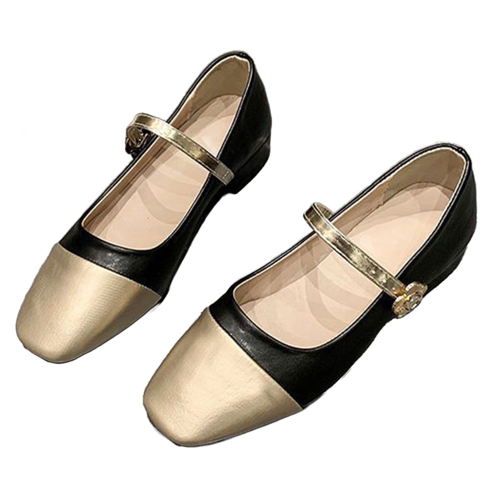 Tuphregyow Chunky Heel Square Toe Moccasin Shoes Gold, Small Leather ...