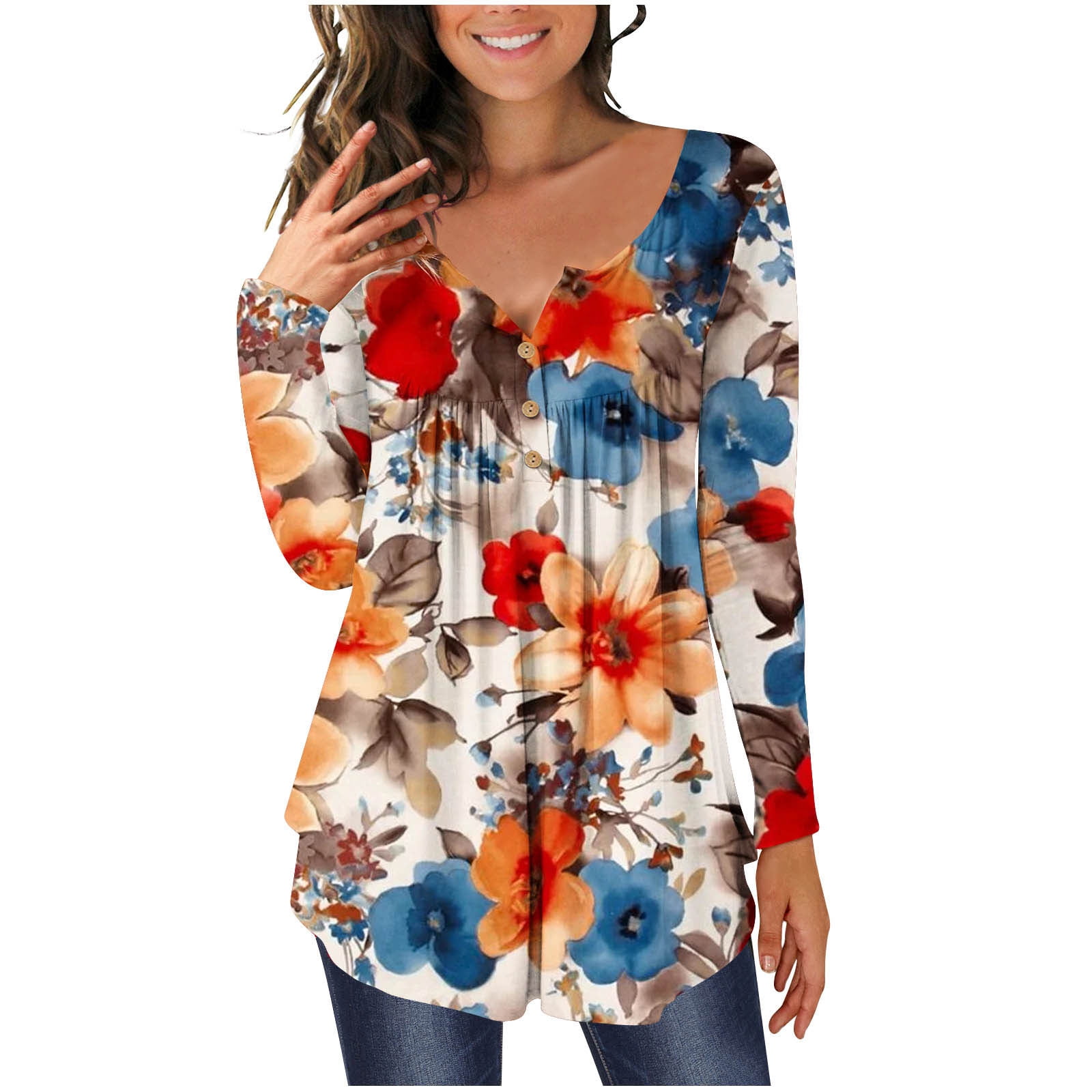 Tuphregyow Clearance Womens Tops Henley Neck Swing T-shirt Loose Tummy ...