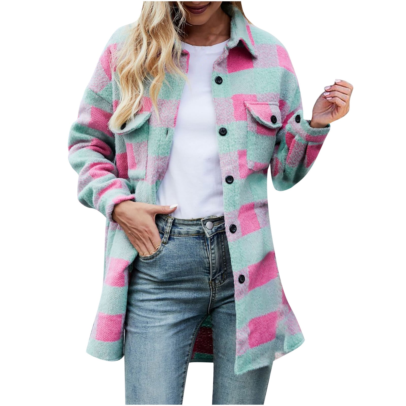 Tuphregyow Coat for Women Tartan Coats Lounge Boyfriend Button Down ...
