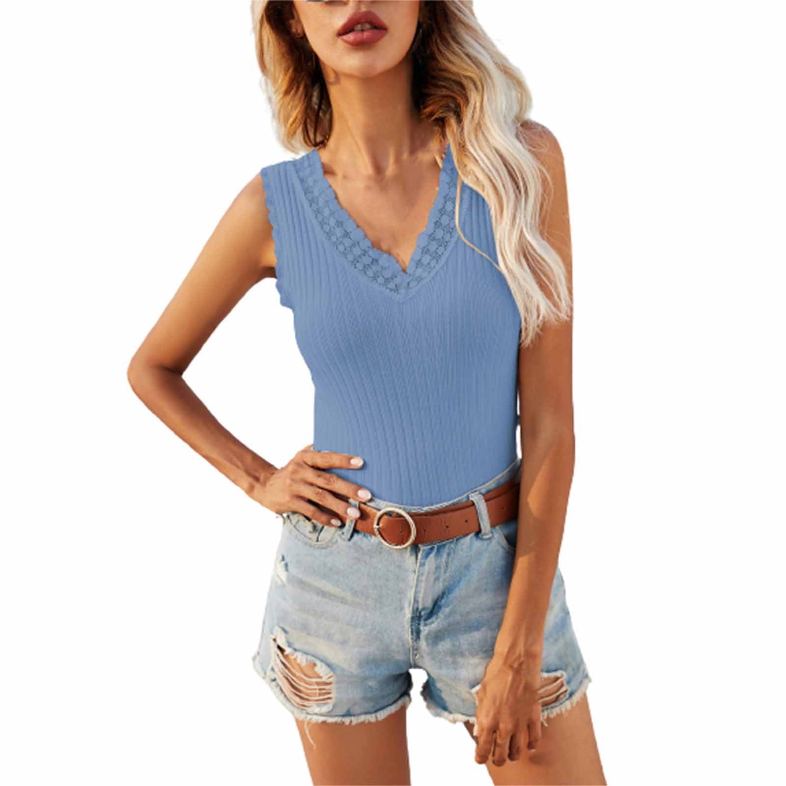 Tuphregyow Women's Summer Knit Tank Top Solid Color, Lace Detail, V ...