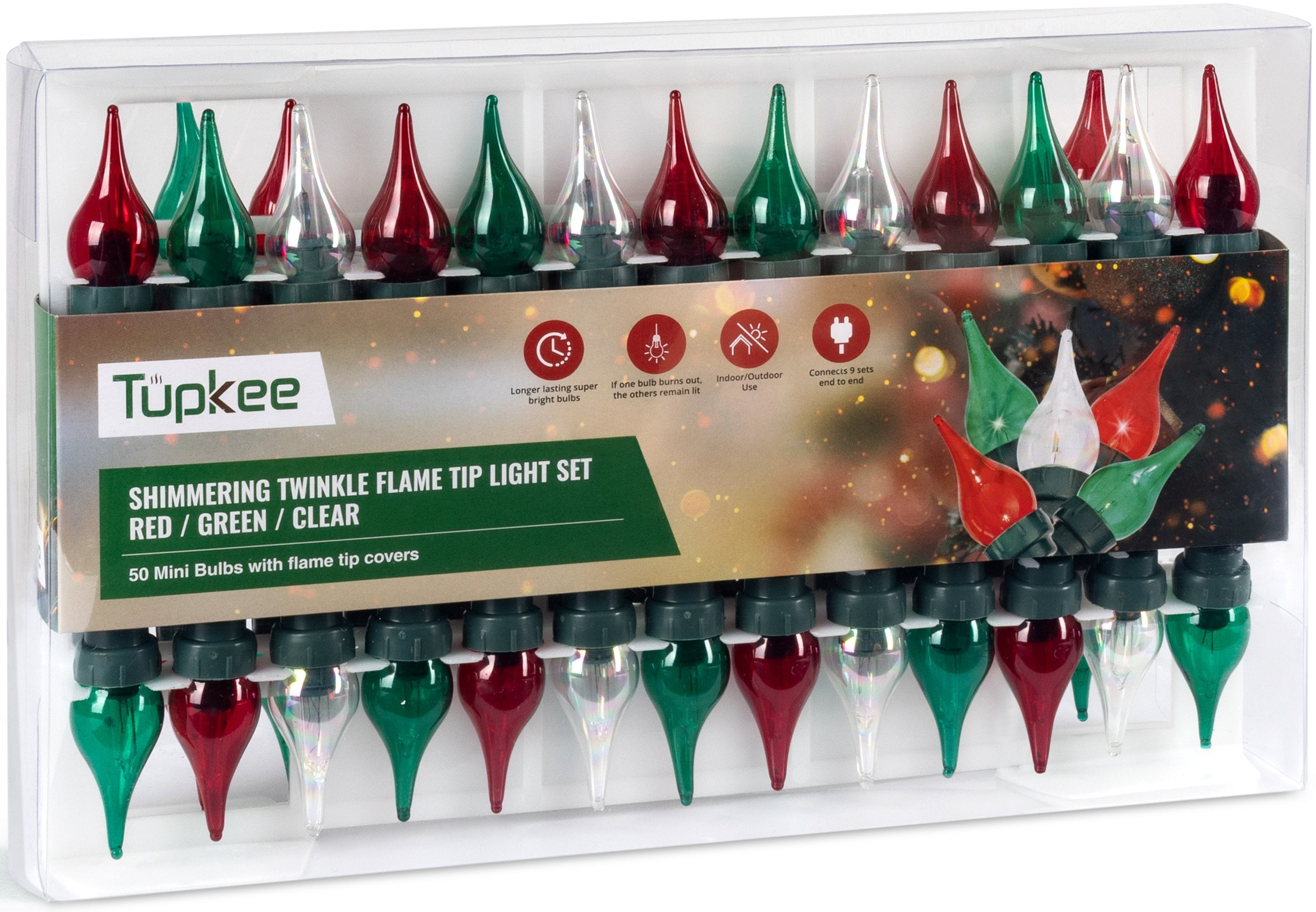 Tupkee Twinkle Flame Tip Christmas Lights, 50 Red, Green & Clear Mini ...
