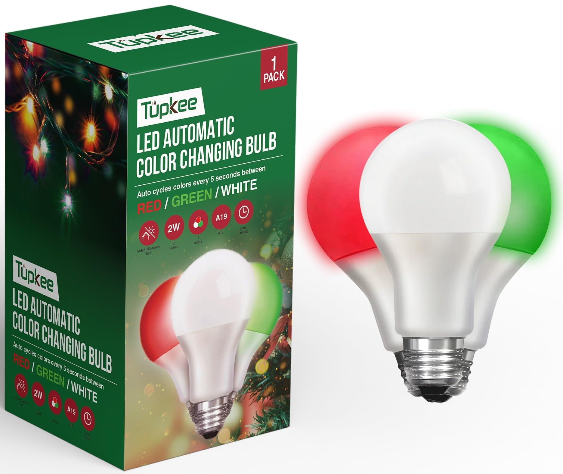 Tupkee LED Automatic Color Changing Bulb - Automatically Cycles Between Red/Green/White Every 5 ...